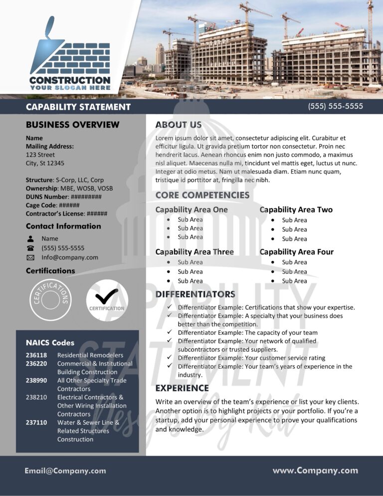 Modern Construction Capability Statement Template with Sub Capabilities